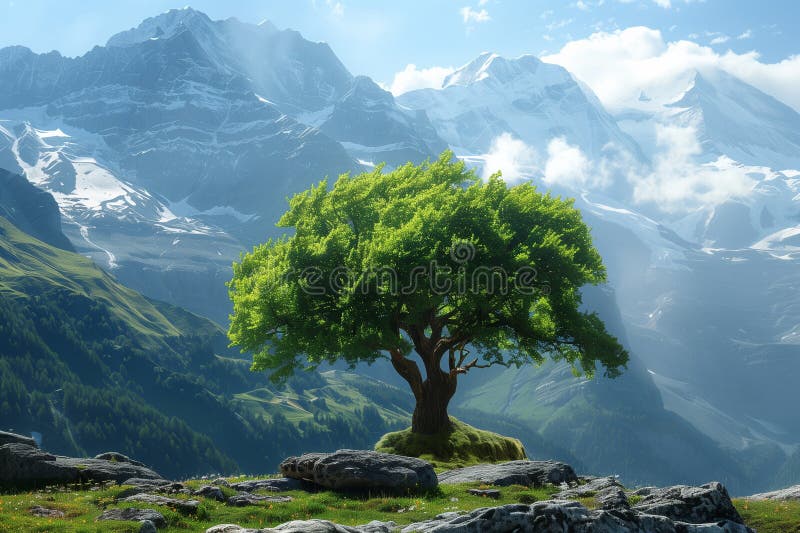 Alone Big Tree with Amazing Hills and Snow Mounatin Range Stock ...