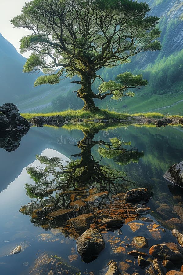 Alone Big Tree is Reflected in the Water of a Lake. Concept of ...