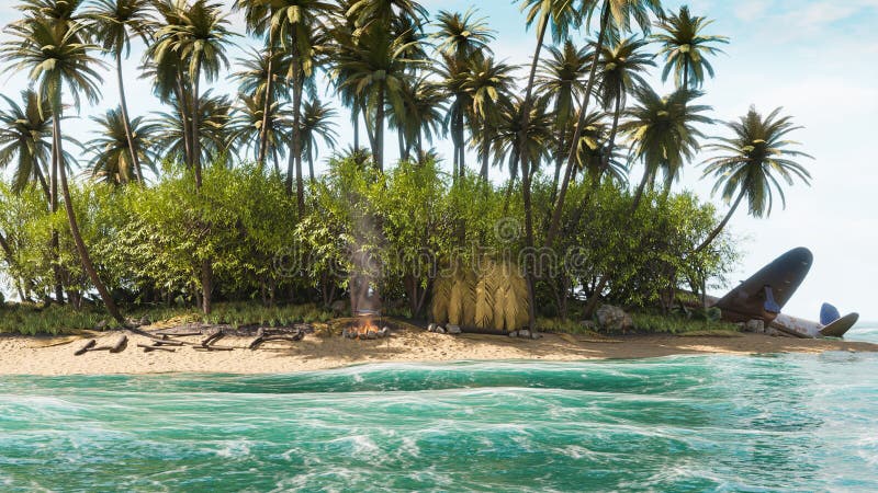 Alone on a Deserted Tropical Island. Beach on a Wild Island. 3d Render ...