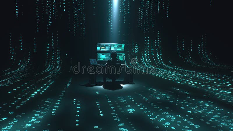 Alone hacker in dark space stock image. Image of computer - 240945521