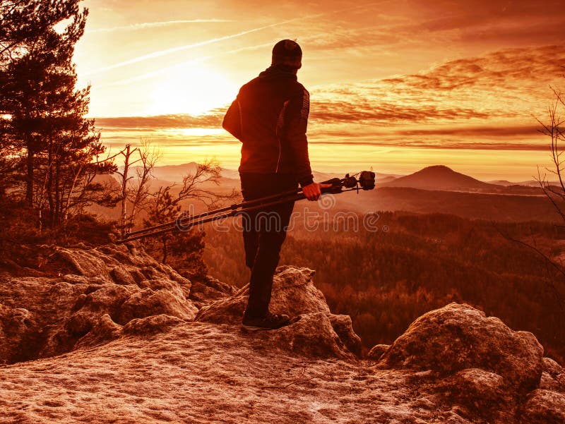 Alone Hiker Photographer in Warm Red Jacket Stand on Peak Stock Photo ... Alone Hiker Photographer in Warm Red Jacket Stand on Peak Stock Photo ...