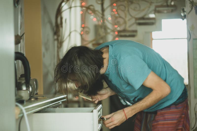 Alone Hungry Man Search Food at Kitchen Stock Image - Image of cupboard ...