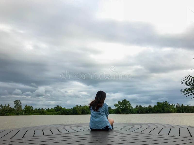 Alone Lady Sit on Waterfront Stock Image - Image of beauty, morning ...