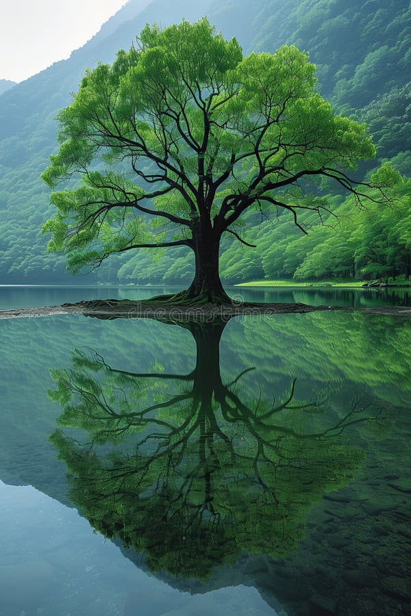 Alone Large Tree is Reflected in the Water. Concept of Tranquility and Serenity Stock ...