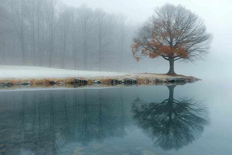 Alone Large Tree is Reflected in the Water of the Lake in the Fog. the ...