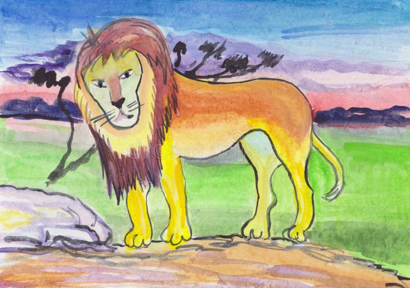 Alone lion in savanna stock illustration. Illustration of sunny - 203201452