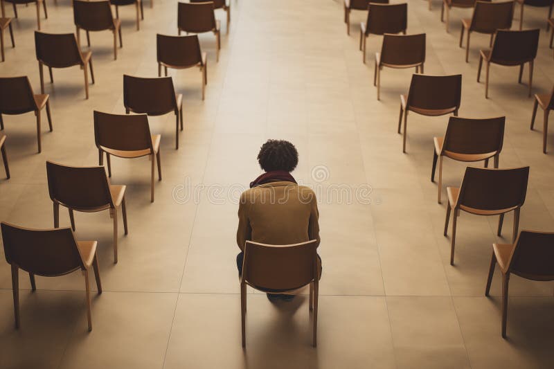 Alone Man Sitting Inside Empty Hall with Many Chairs. Generative AI ...