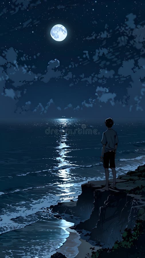 Alone Man Watching Moon Light Stock Photo - Image of watching, light ...