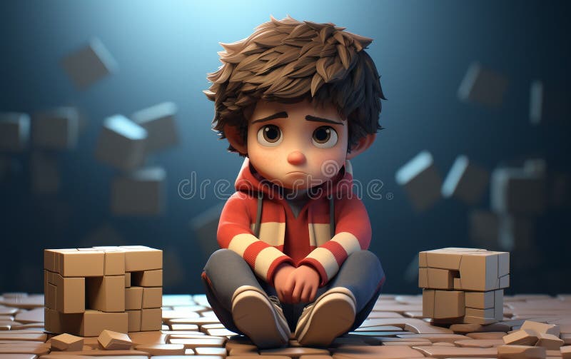 Alone and Sad: 3D Depiction of a Cute Boy. Generative by Ai Stock ...