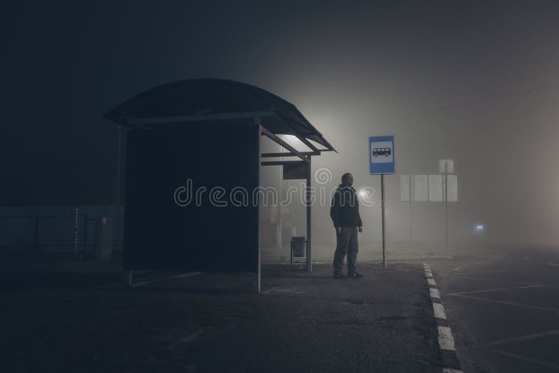 Alone Sad Man Waiting for Bus at Bus Stop Stock Image - Image of alone ...