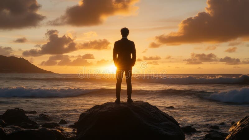 Alone, Someone Contemplates the Sunset Over the Ocean S Waves Stock ...