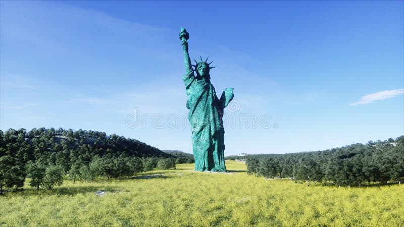 Alone Statue of Liberty in Grass Field. Aerial View. Postapocalyptic ...