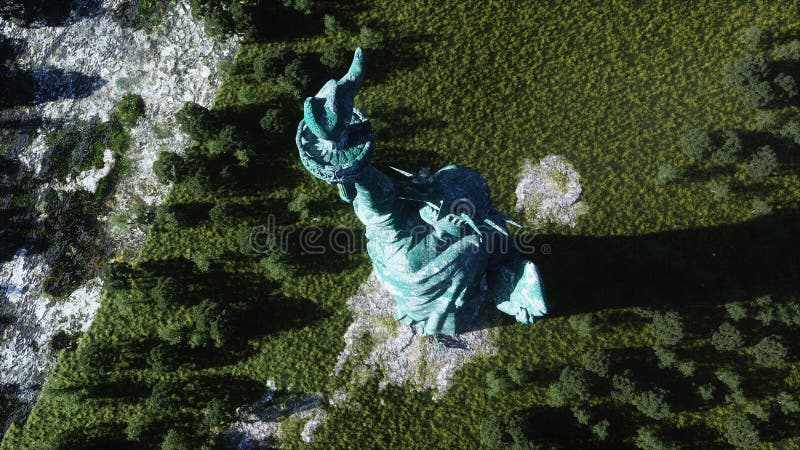Alone Statue of Liberty in Grass Field. Aerial View. Postapocalyptic ...