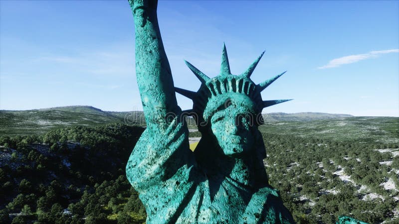 Alone Statue of Liberty in Grass Field. Aerial View. Postapocalyptic ...