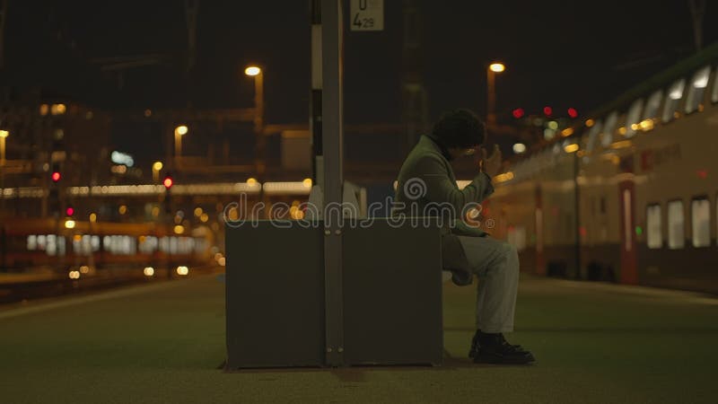 Lifestyle Portrait of Young Man with Black Curly Hair Inside Train ...