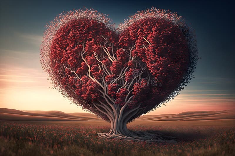 Alone Tree in Form of Heart in the Field Stock Illustration ...