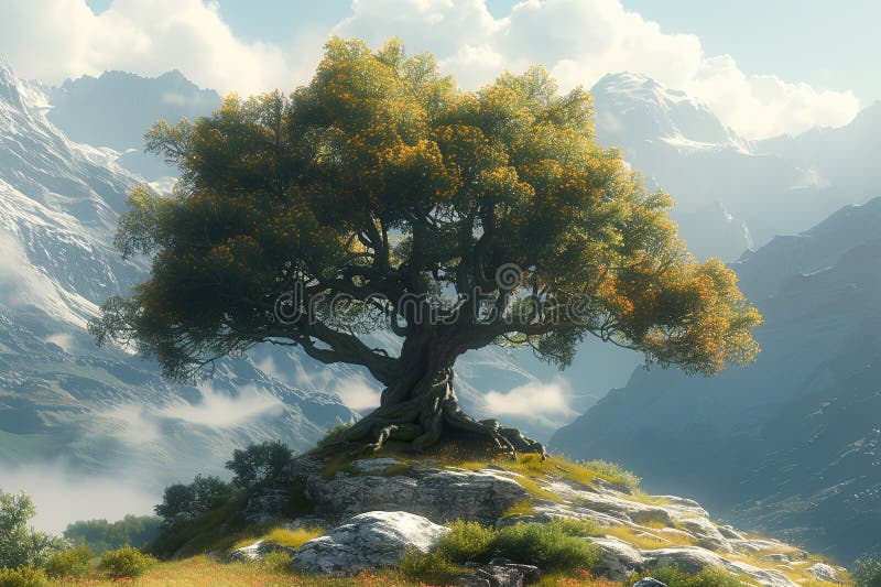 Alone Tree is Growing on a Rocky Mountain Top. Serene and Peaceful ...