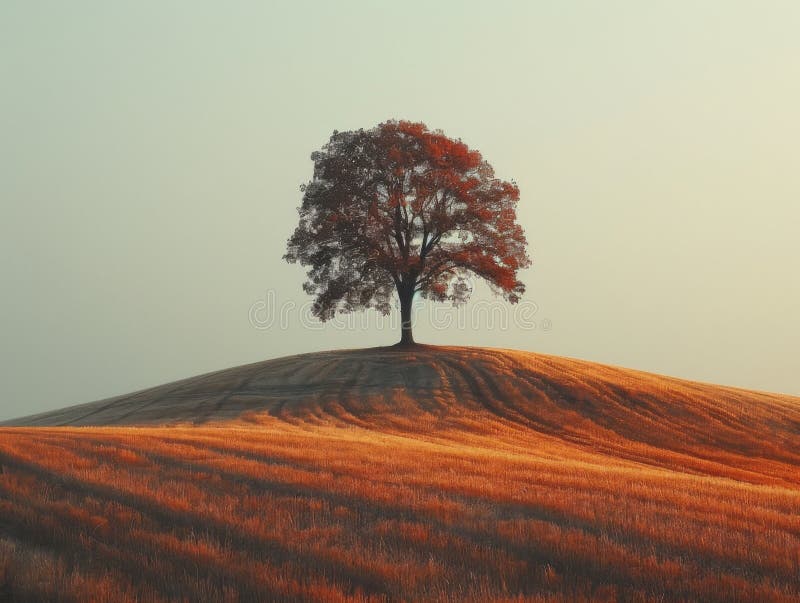 Alone Tree on Hill in Different Season, Minimalistic Photograph Stock ...