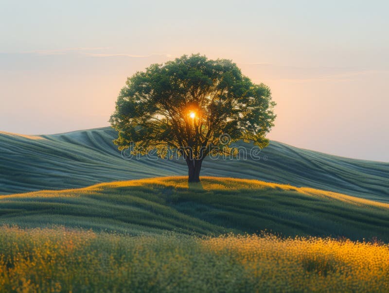 Alone Tree on Hill in Different Season, Minimalistic Photograph Stock ...