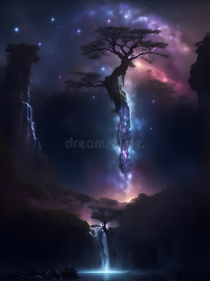 Alone Tree and Milky Way Arch at Night. Vertical with Old Tree with ...