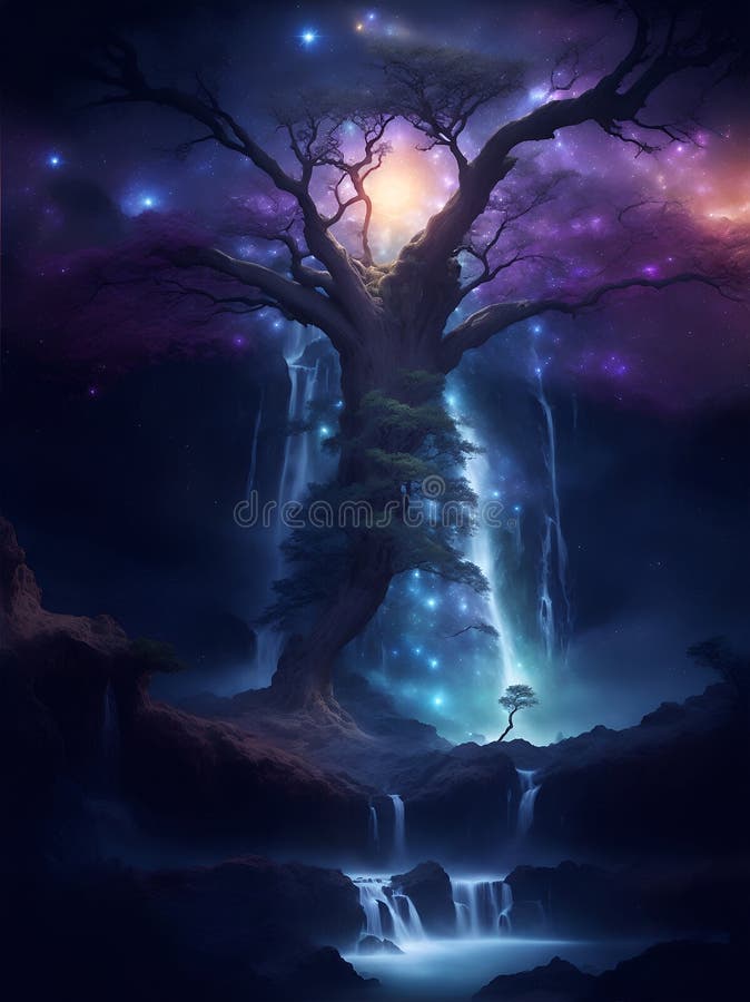 Alone Tree and Milky Way Arch at Night. Vertical with Old Tree with ...