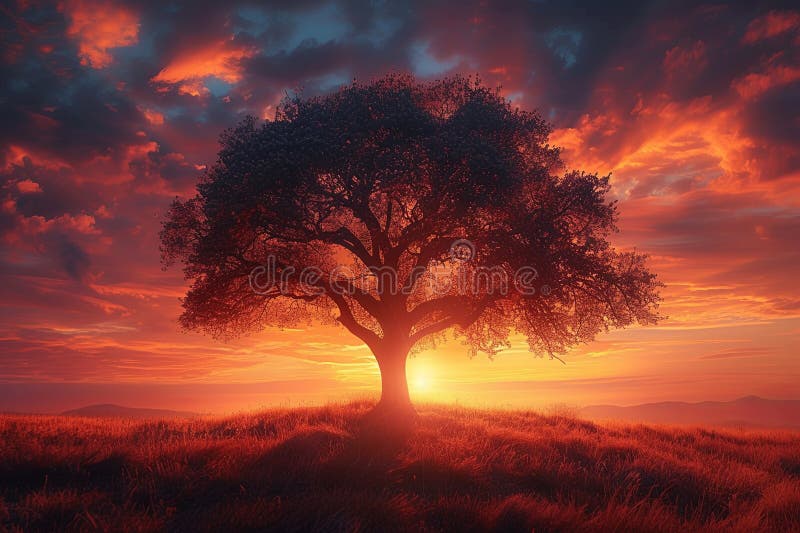 Alone Tree is Silhouetted Against a Beautiful Sunset Stock Illustration ...