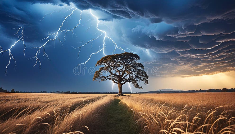Alone Tree Standing Tall in a Field while Lightning Strikes Nearby ...