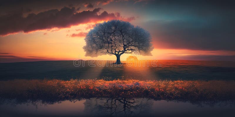 Alone tree in sunset stock illustration. Illustration of evening ...