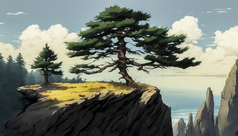 Alone Twisted Old Pine Tree on the Edge of a Cliff. Color Illustration ...