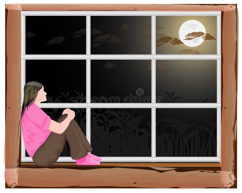 Alone woman sit at window stock vector. Illustration of window - 151407312