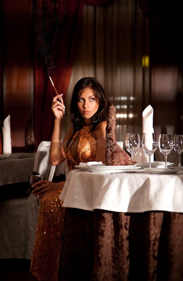 Alone Woman Smoking Cigarette at Restaurant Stock Image - Image of ...