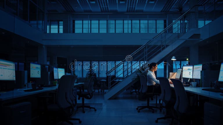 Alone Working Late at Night in the Office: Businesswoman Using Desktop ...
