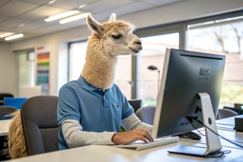 A Alpaca in Business Casual Clothes, Sitting in Front of a Computer and ...