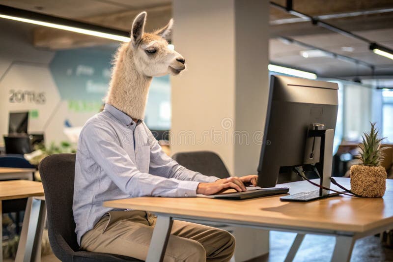 A Alpaca in Business Casual Clothes, Sitting in Front of a Computer and ...