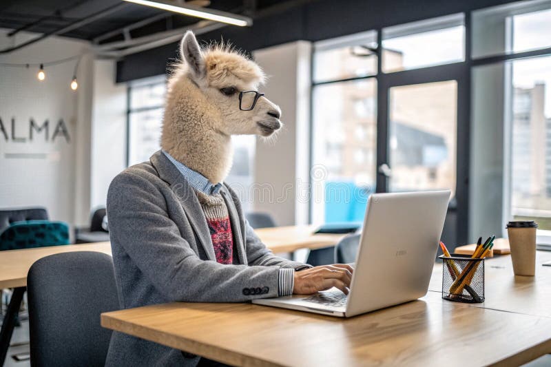 A Alpaca in Business Casual Clothes, Sitting in Front of a Computer and ...