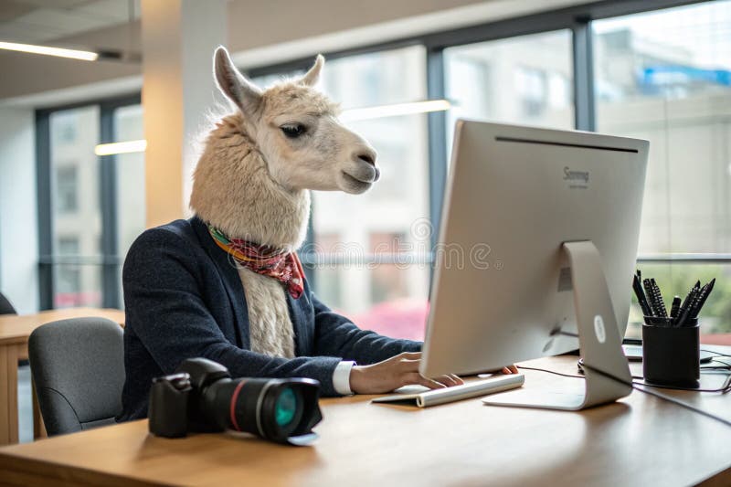 A Alpaca in Business Casual Clothes, Sitting in Front of a Computer and ...