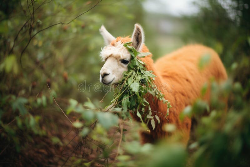 Alpaca foraging on shrubs stock image. Image of pasture - 301606293