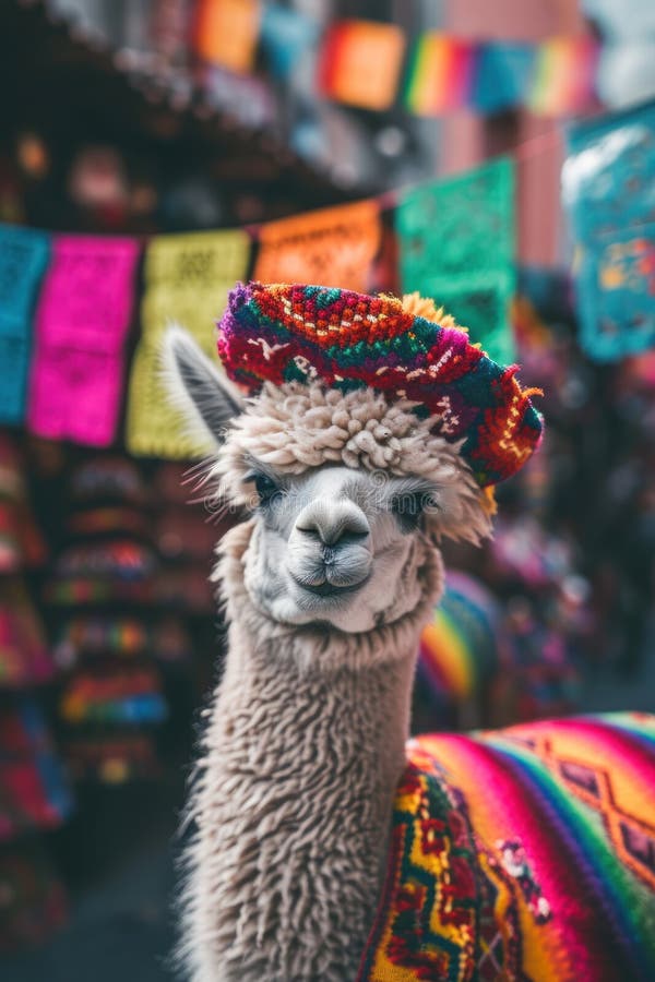 Alpaca or Lama in National Mexican Hat Stock Illustration ...