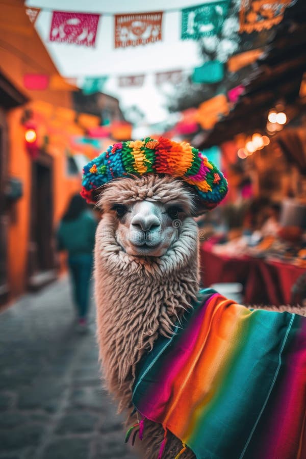 Alpaca or Lama in National Mexican Hat Stock Photo - Image of apparel ...