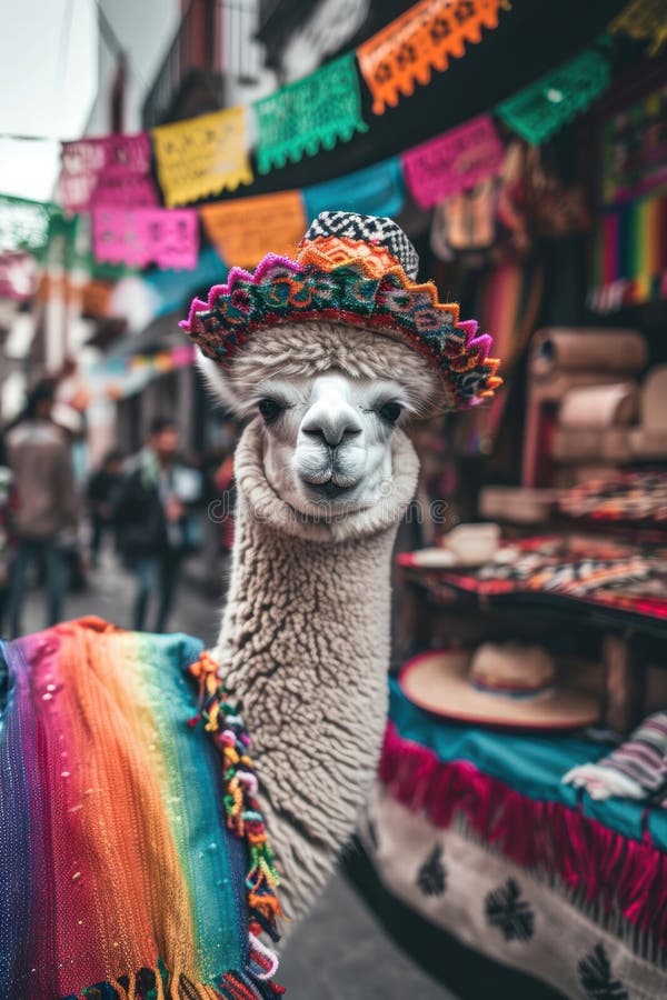 Alpaca or Lama in National Mexican Hat Stock Image - Image of sombrero ...