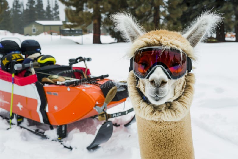 Alpaca in Ski Glasses beside Ski Patrol Sled Stock Image - Image of ...