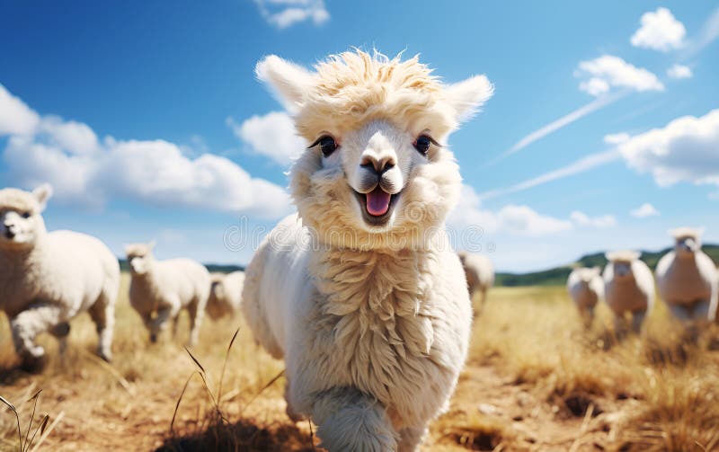 Alpaca Smiling on the Glass Field Mountain with Blue Sky Stock ...
