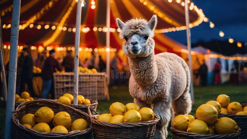 Adorable Alpaca at Night Market with Lemons Stock Illustration ...