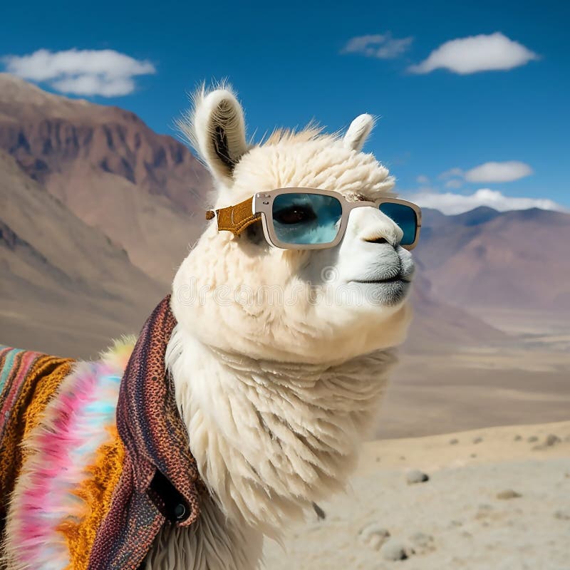 Alpaca Stands on a Mountain, in Bright Clothes and a Straw Hat ...
