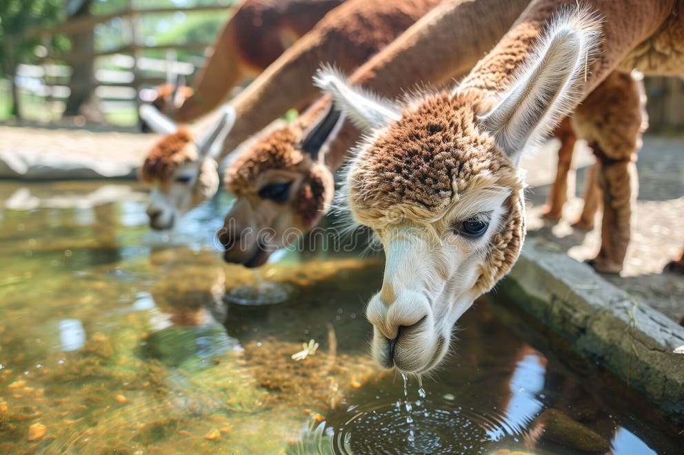Alpacas Drinking Water from a Clear Pond on the Farm Stock Photo ...