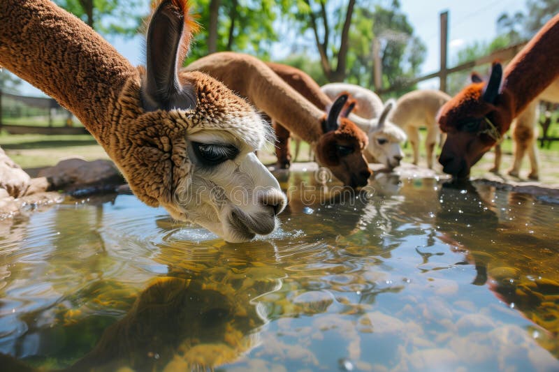 Alpacas Drinking Water from a Clear Pond on the Farm Stock Photo ...