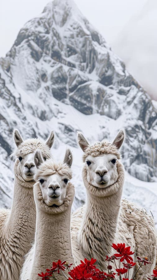 Alpacas in Front of a Snowy Mountain with Red Flowers Stock Image ...