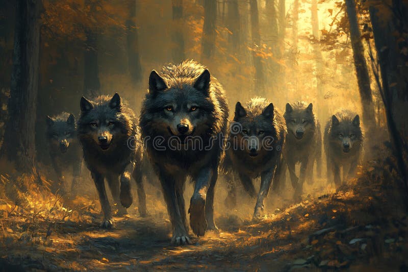 Alpha Dire Wolf Leading Pack through Dense Forest Path, Confident and ...