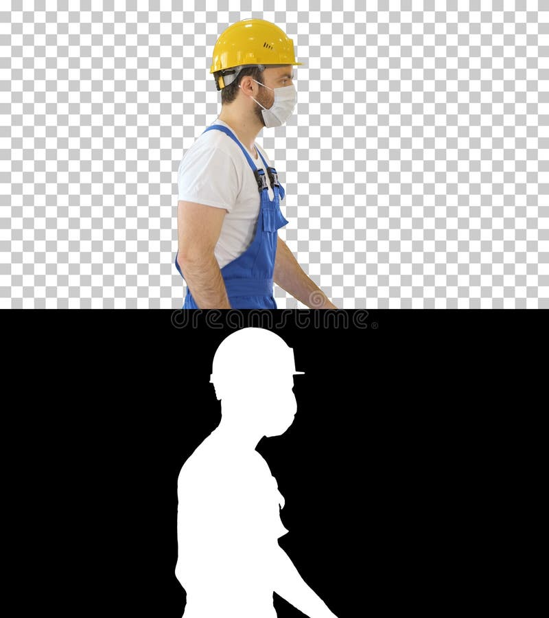 Construction Worker Wearing a Hardhat and Mask Walking, Alpha Channel ...
