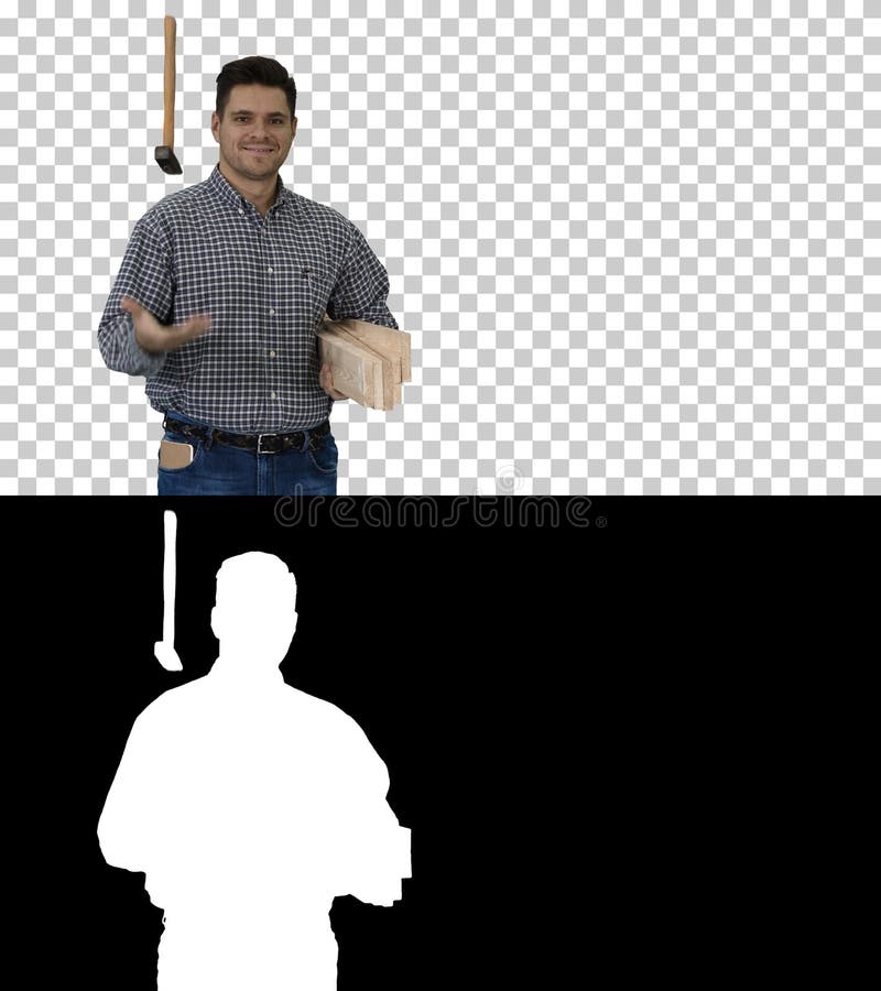 Brunette Man Builder with Planks is Ready To Build Something, Alpha ...